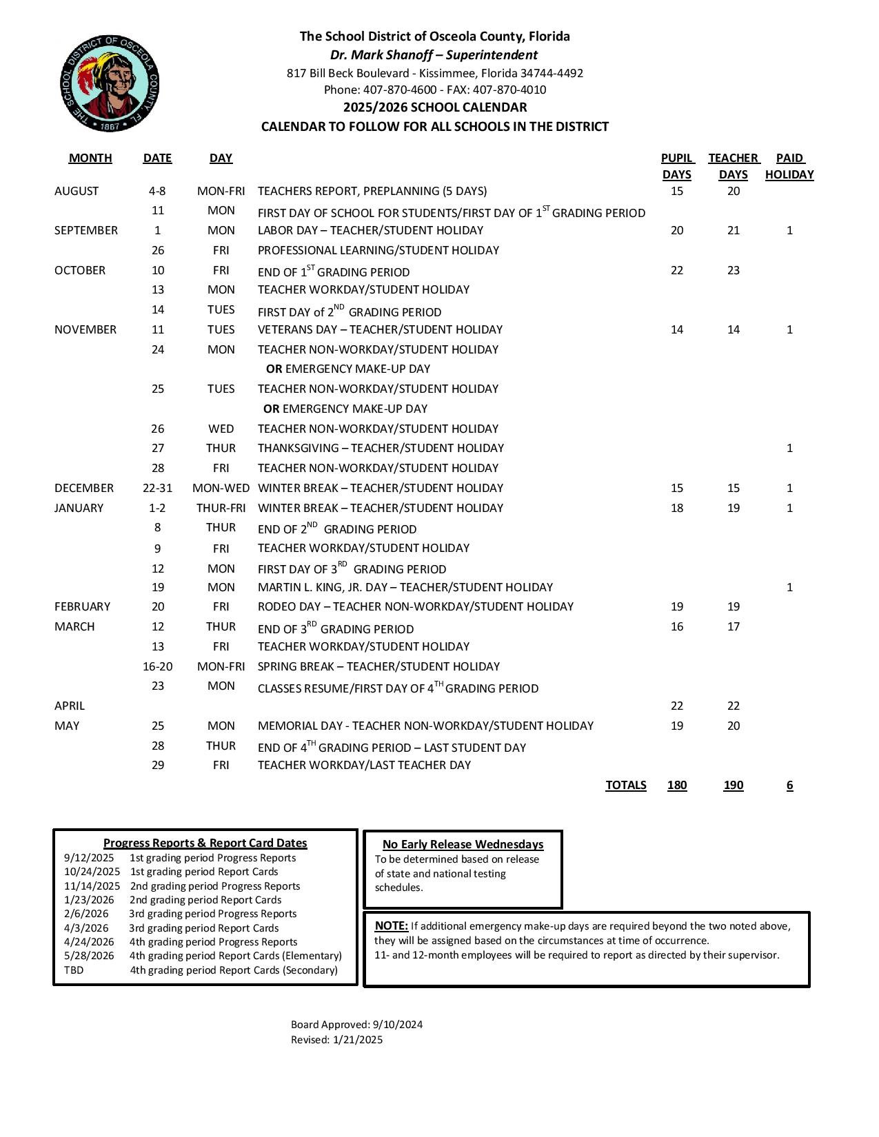 Osceola County School District Calendar Holidays 2025-2026 - School ...
