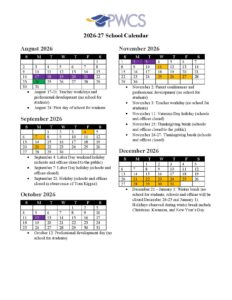 Prince William County Public Schools Calendar Holidays 2026-2027