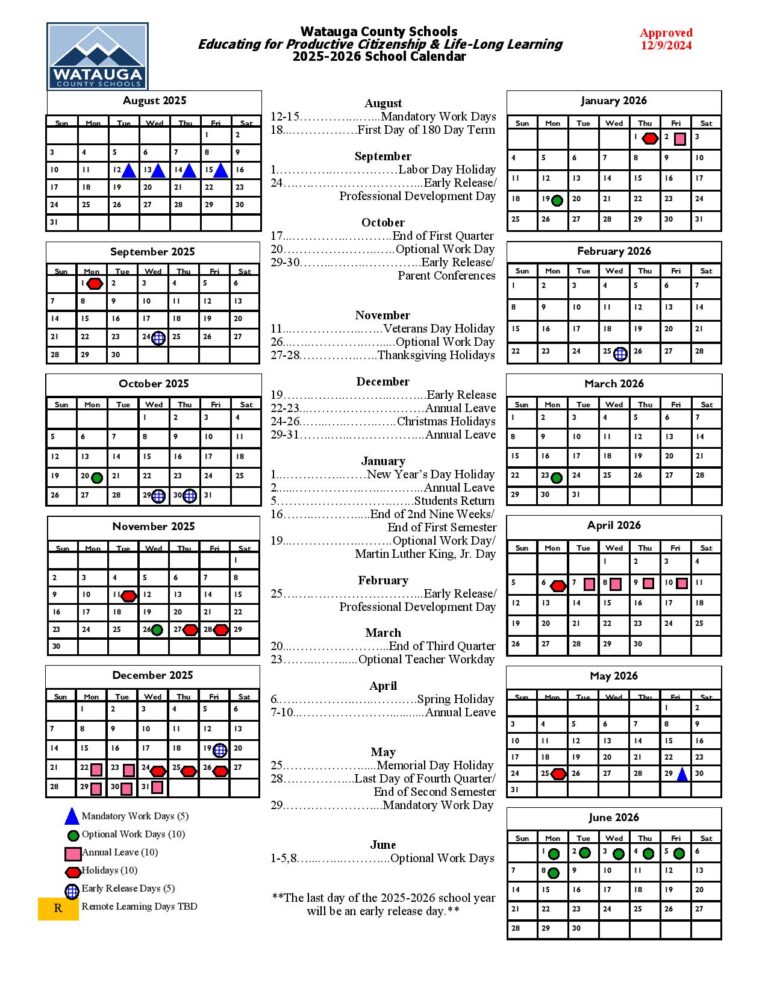 Watauga County Schools Calendar 2025-2026 in PDF