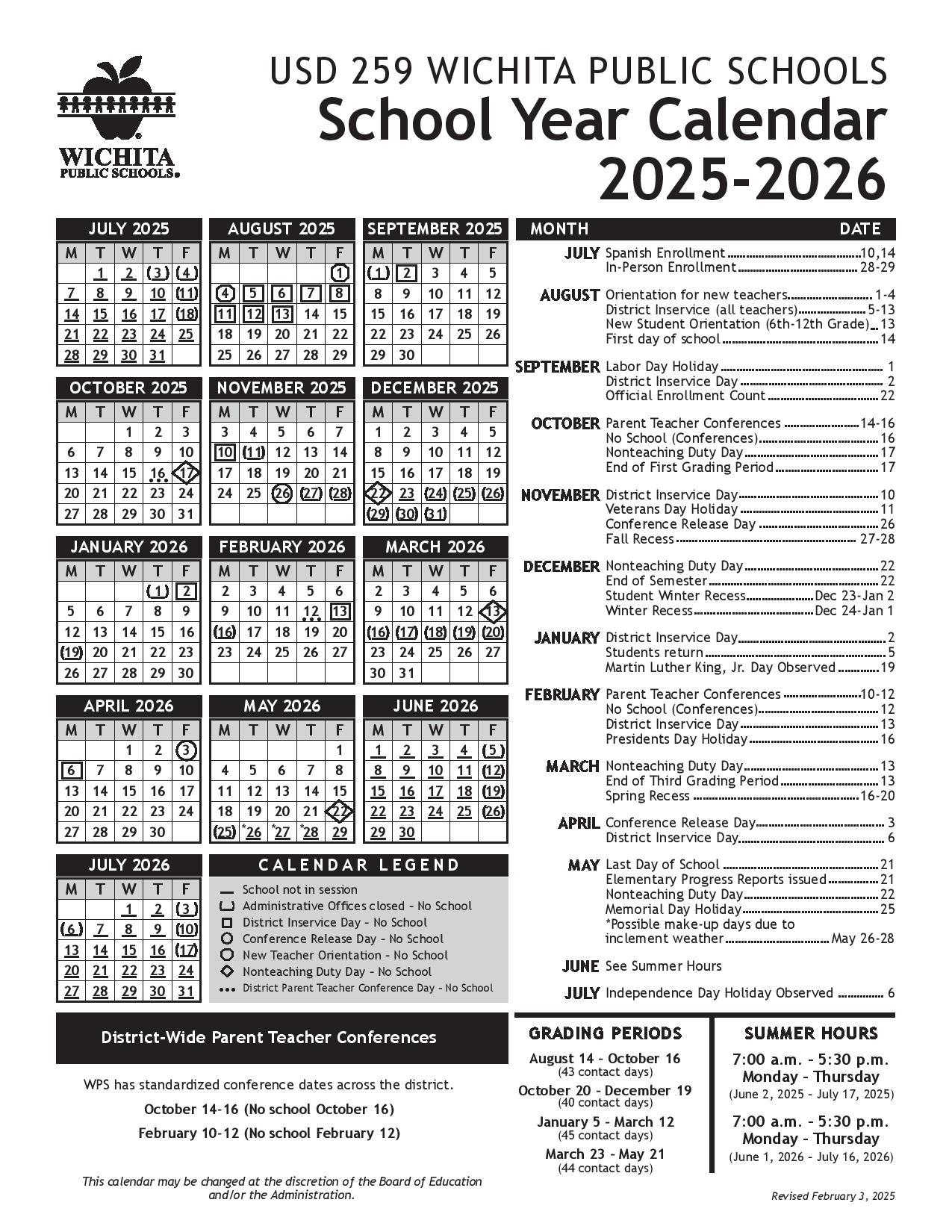 Wichita Public Schools Calendar 2025-2026 in PDF