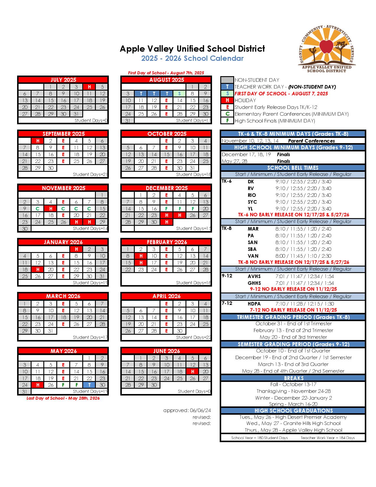 Apple Valley Unified School District Calendar 2025-2026 | AVUSD