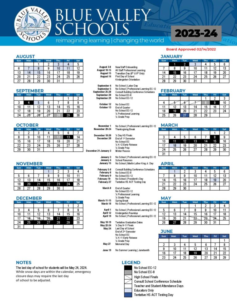 Blue Valley School District Calendar 2024-2025 (Kansas) - School ...