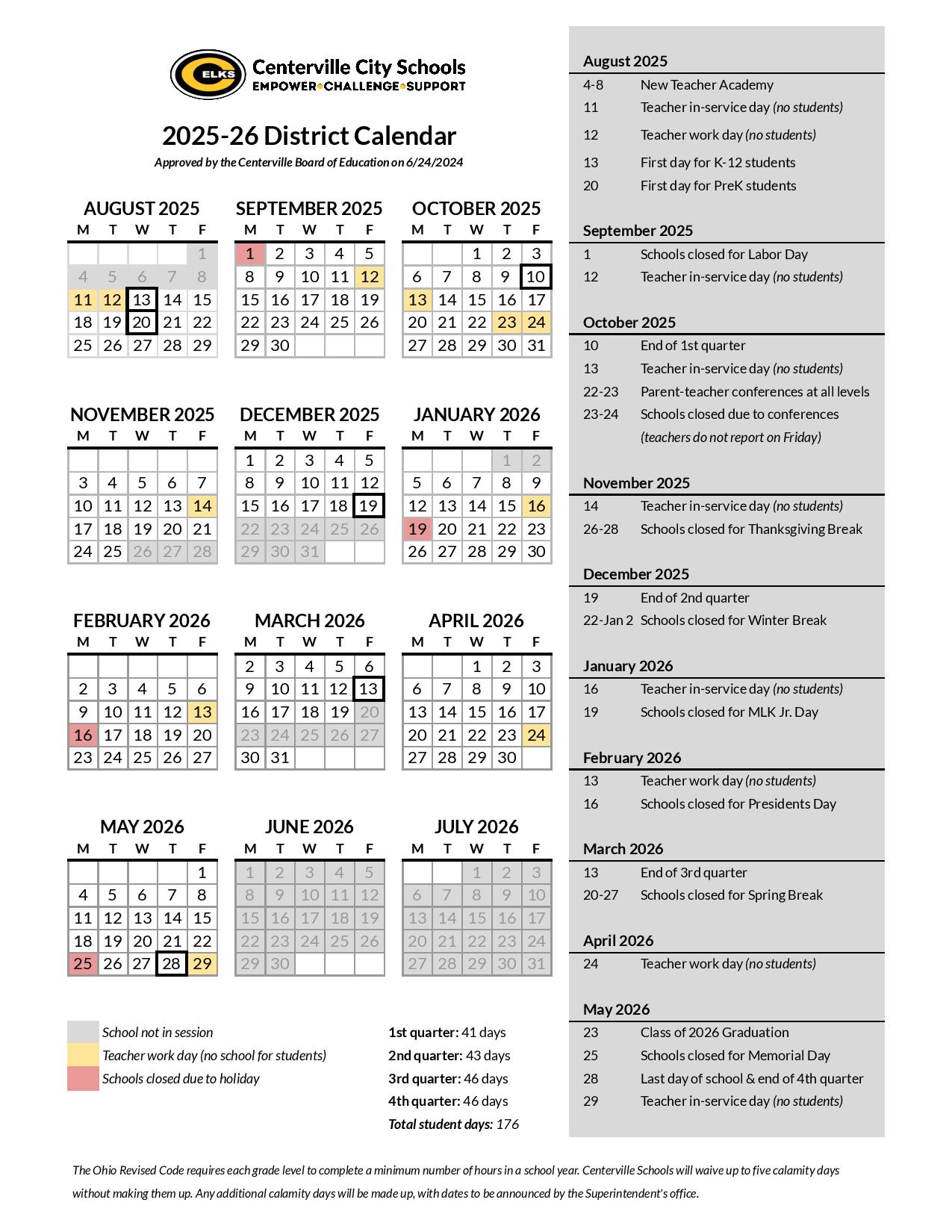 Centerville City Schools Calendar 2025-2026 (Ohio)