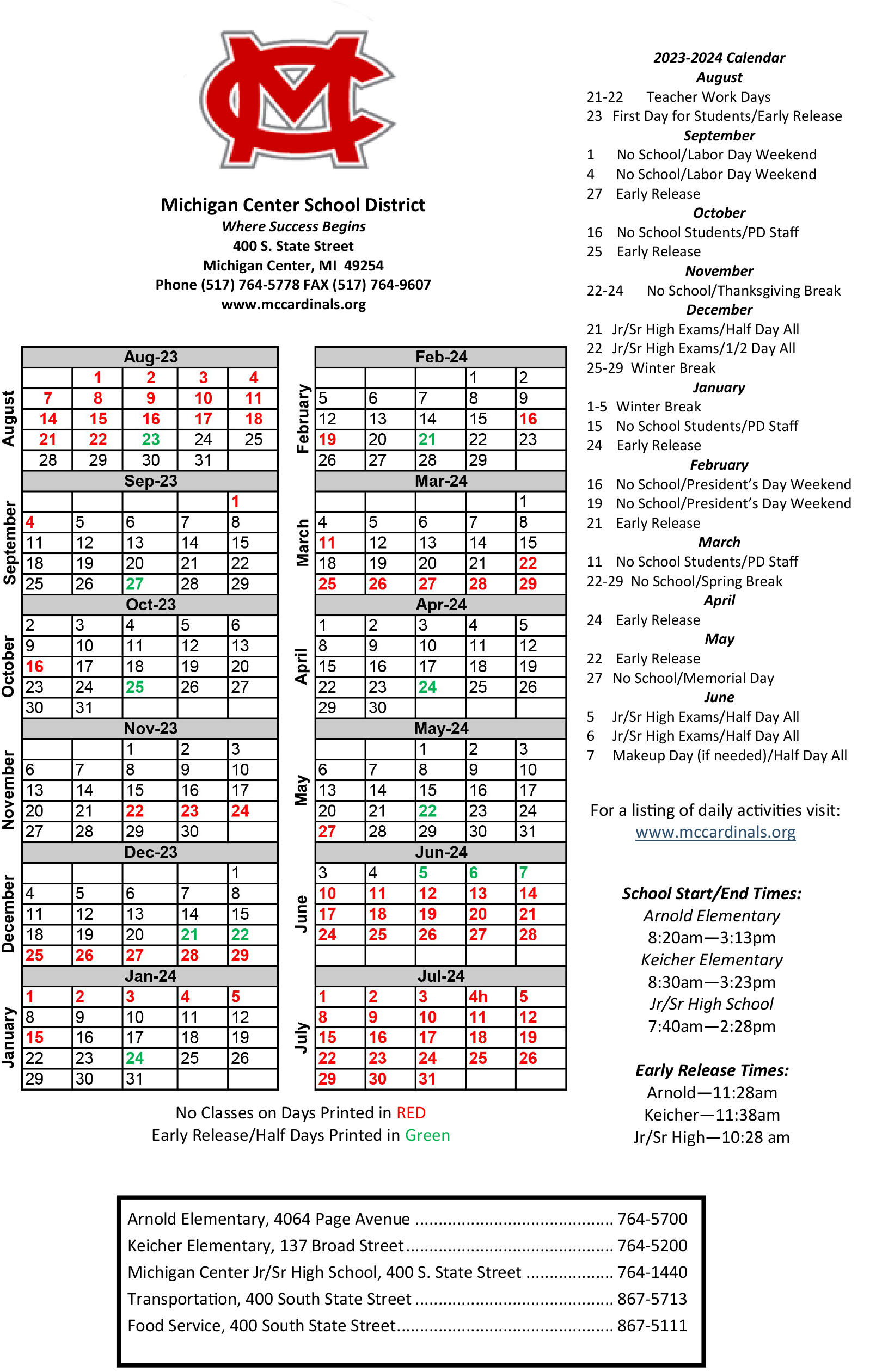 Michigan Center Schools Calendar Holidays 2024 - School Calendar Info