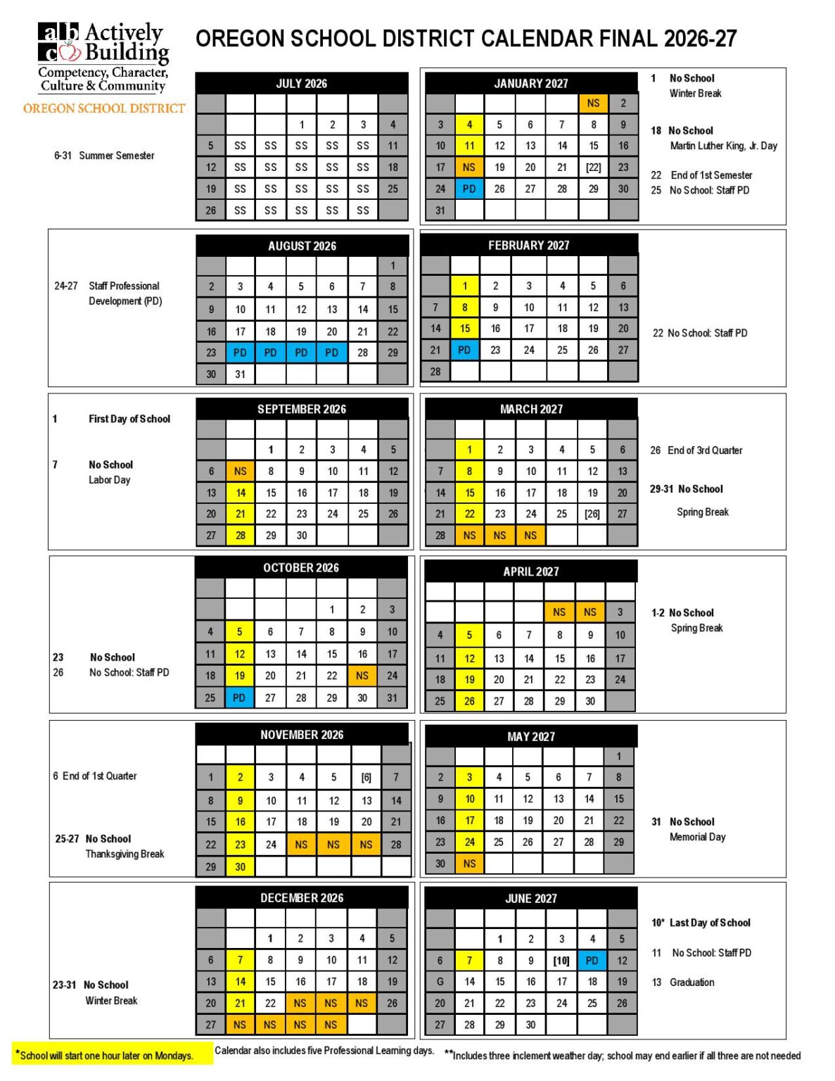Oregon School District Calendar Holidays 2026-2027