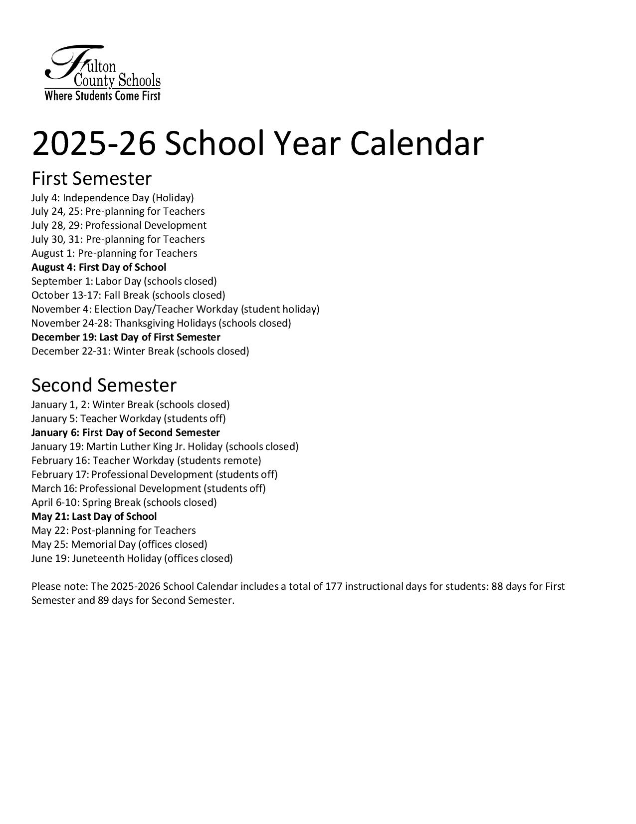 Fulton County Schools Calendar Holidays 2025-2026 PDF