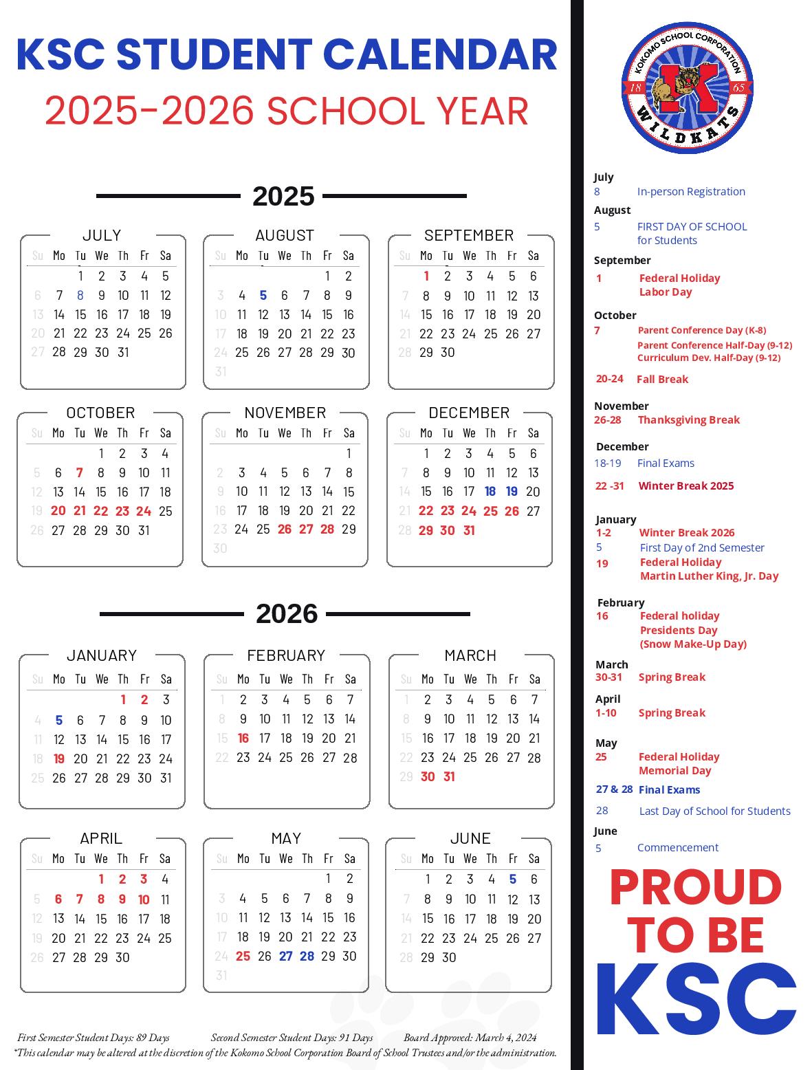 Kokomo School Corporation Calendar 2025-2026 in PDF