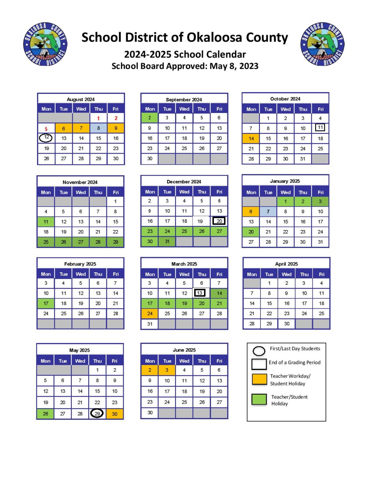 Okaloosa County School District Calendar 2025-2026 in PDF - School ...
