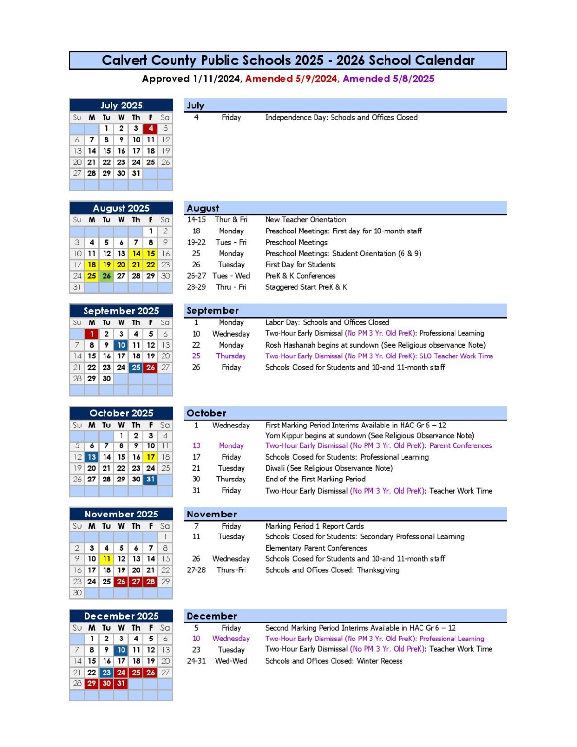 Calvert County Public Schools Calendar 2025-2026 in PDF