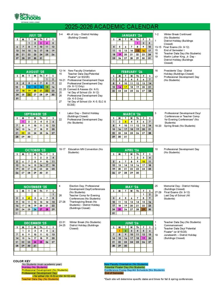 Edina Public Schools Calendar 2025-2026 PDF | Academic