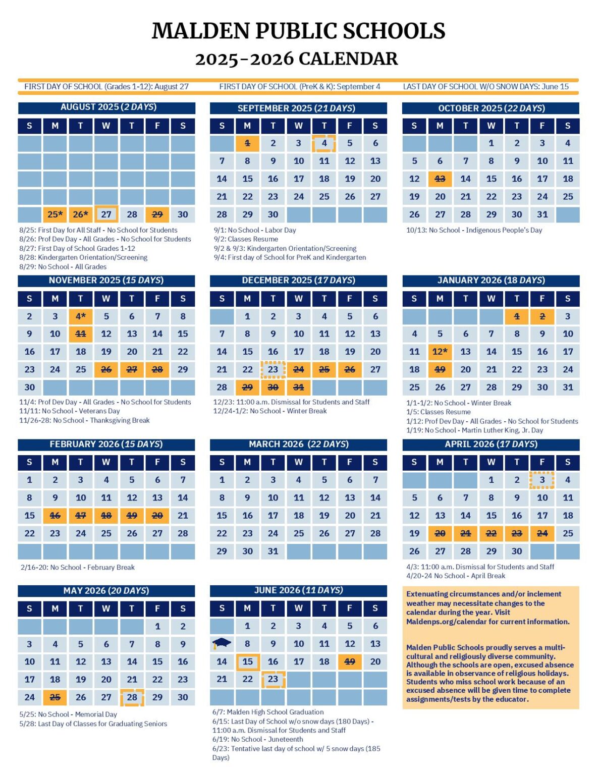 Malden Public Schools Calendar 2025-2026 in PDF