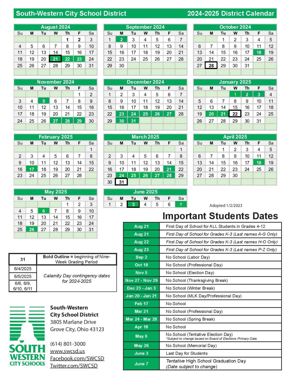South-Western City School District Calendar 2025-2026 in PDF