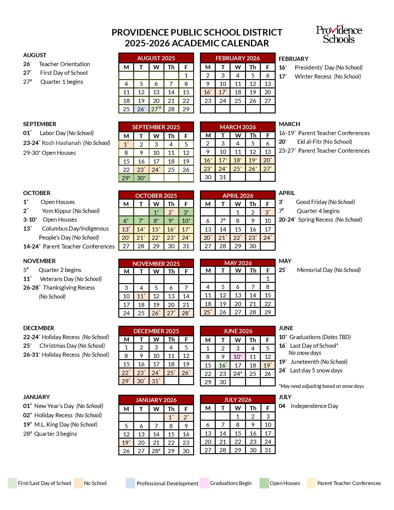 Providence Schools Calendar 2025-2026 in PDF