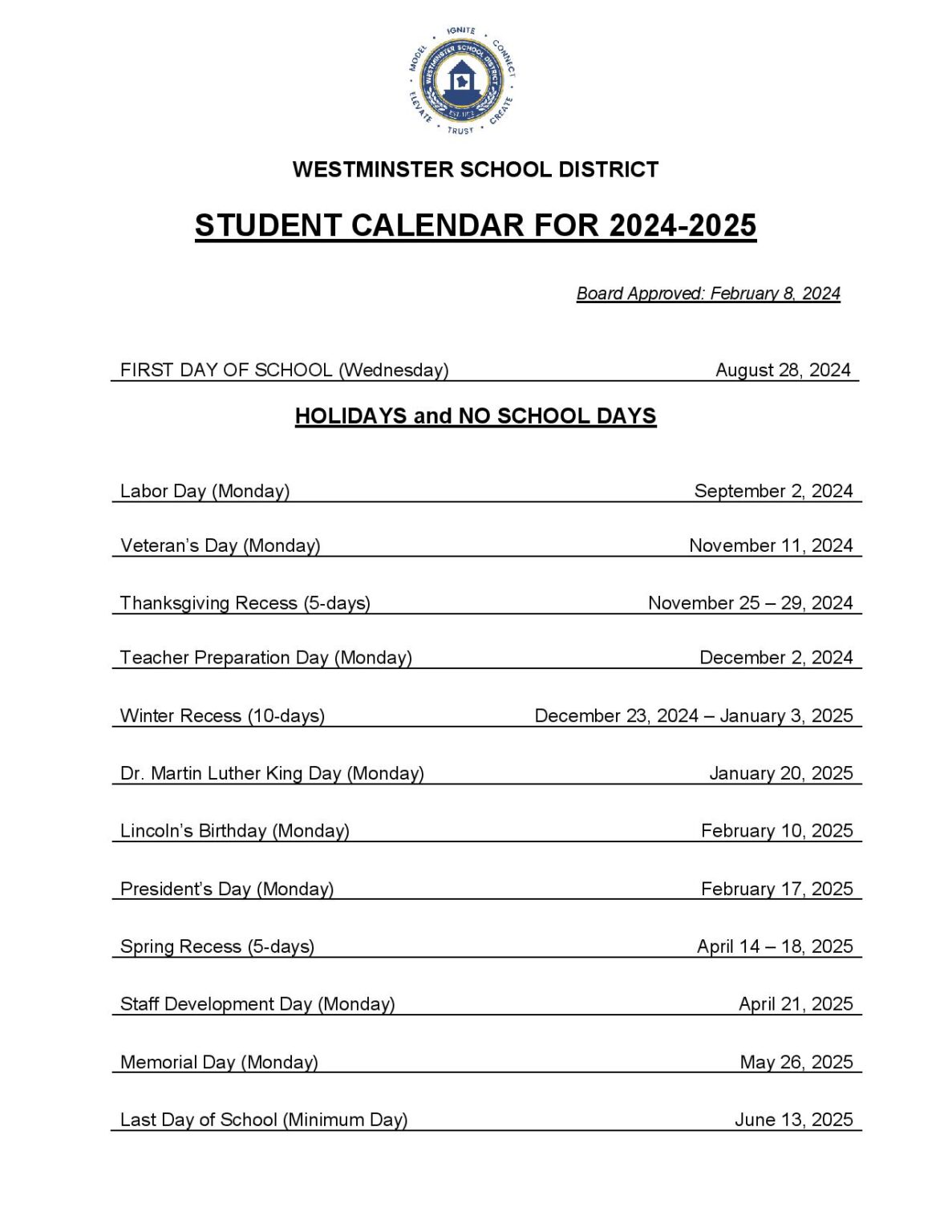 Westminster School District Calendar 2025-2026 in PDF