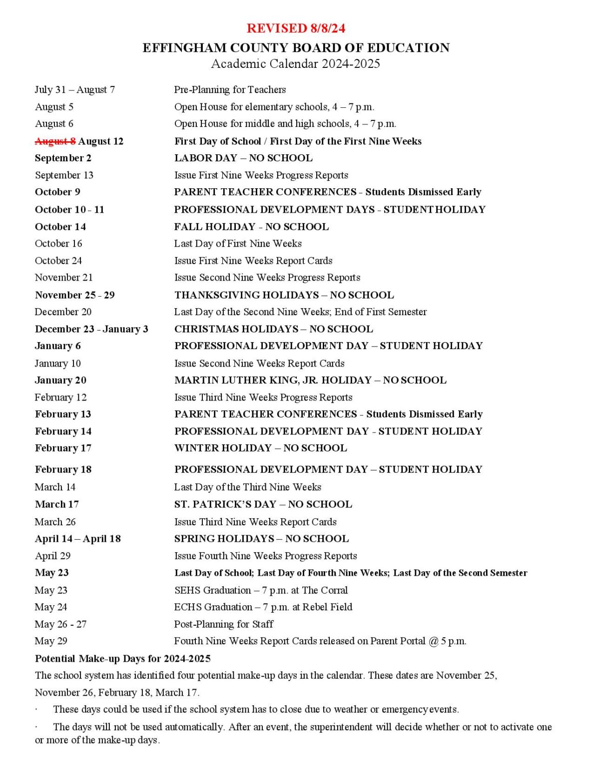 Effingham County Schools Calendar 2024-2025 in PDF Effingham County Schools Calendar 2024-2025 in PDF