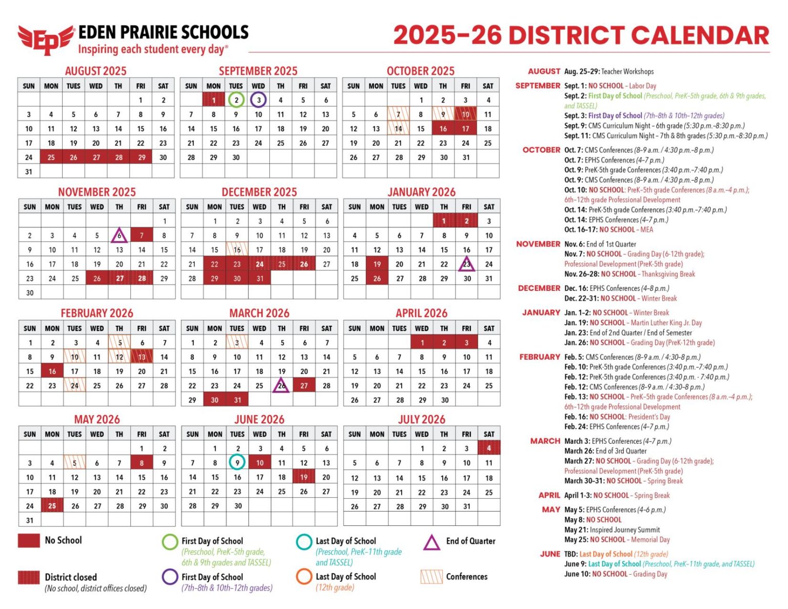Eden Prairie Schools Calendar 2025-2026 PDF | Holiday Dates