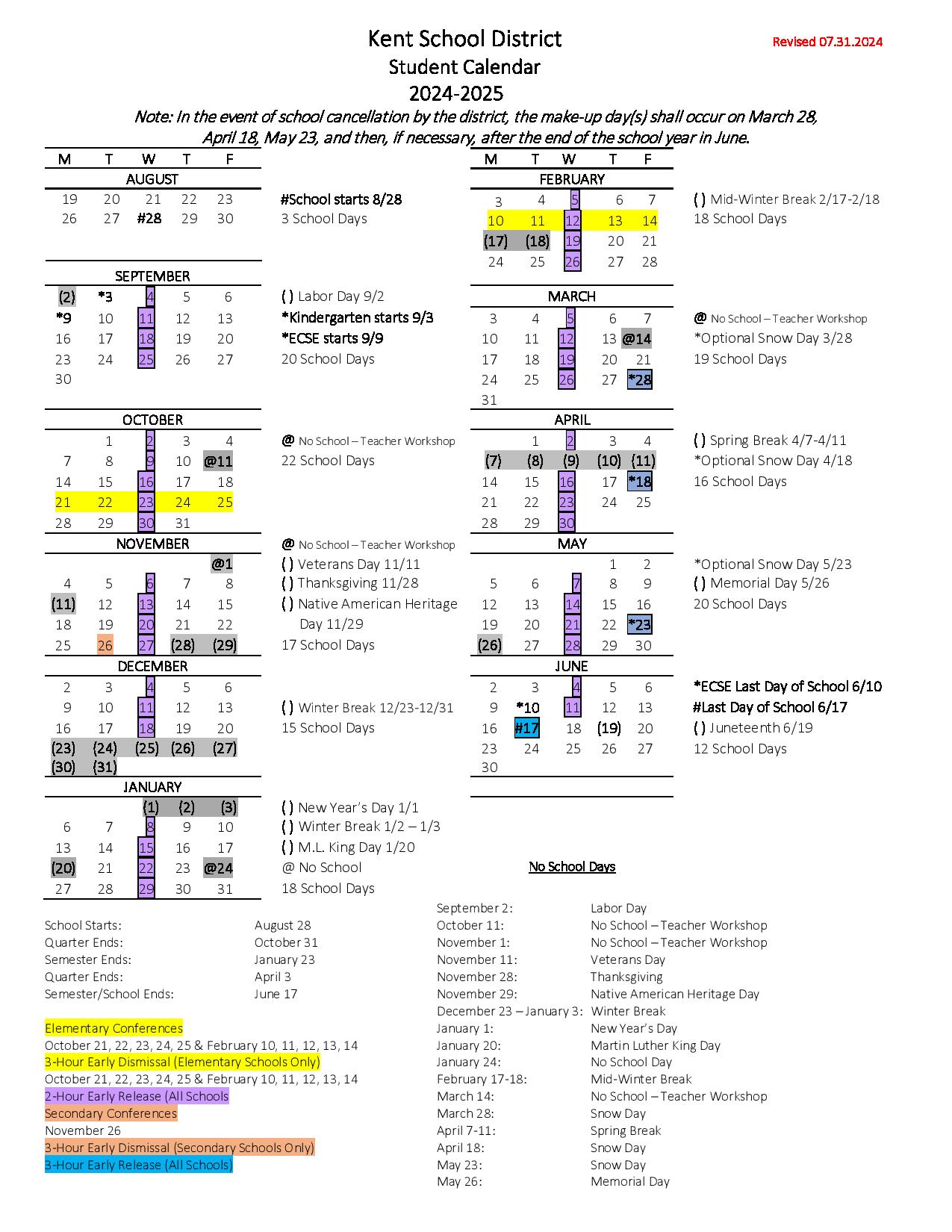 Kent School District Calendar 2024-2025 in PDF | KSD Holidays - School Calendar Info