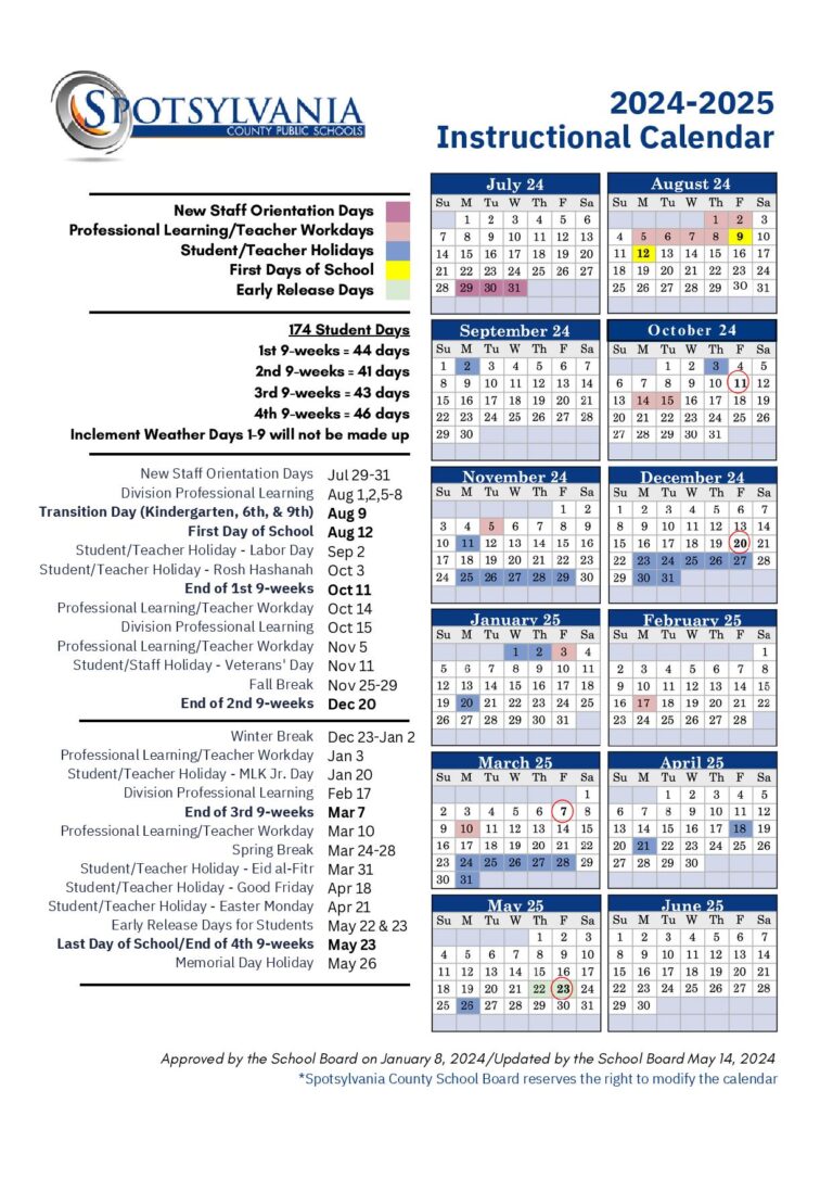 Spotsylvania County Schools Calendar 2025-2026 in PDF