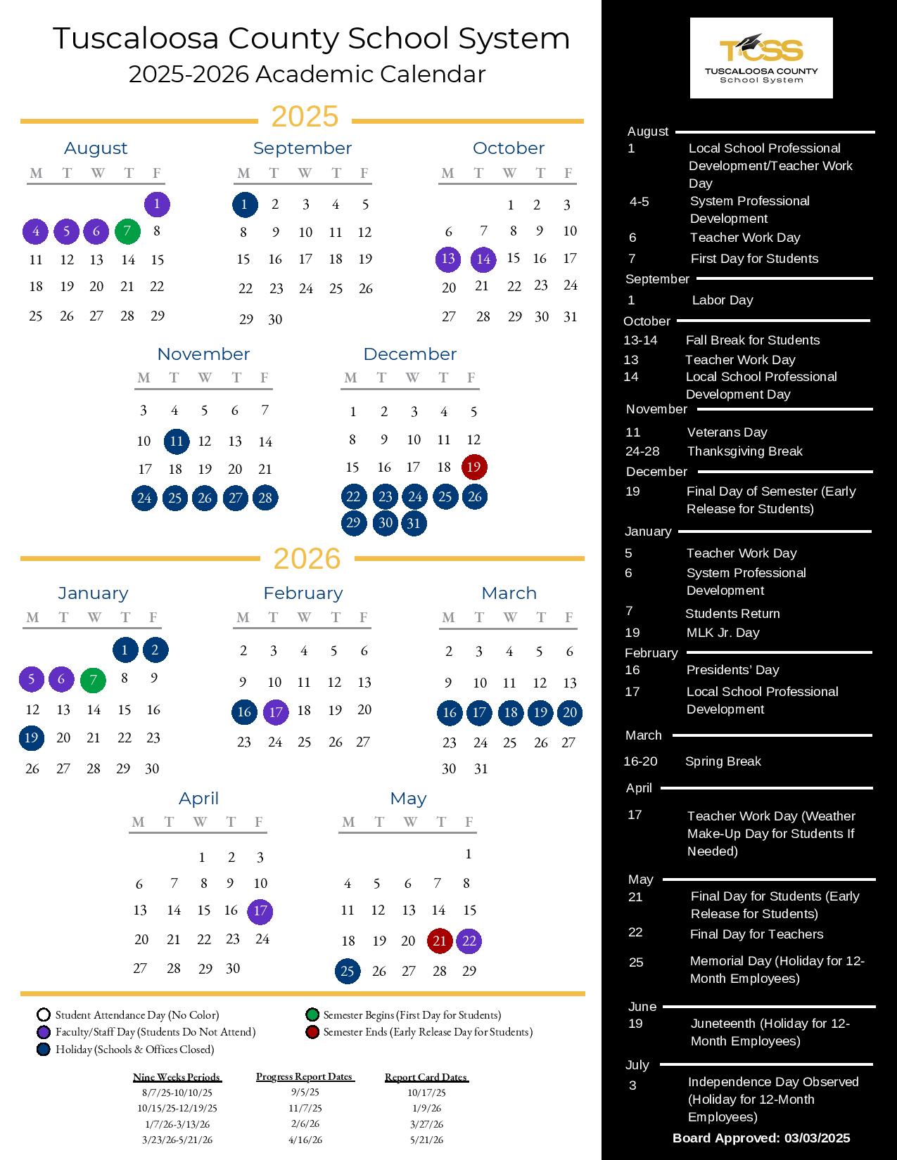 Tuscaloosa County Schools Calendar 2025-2026 PDF | Holidays