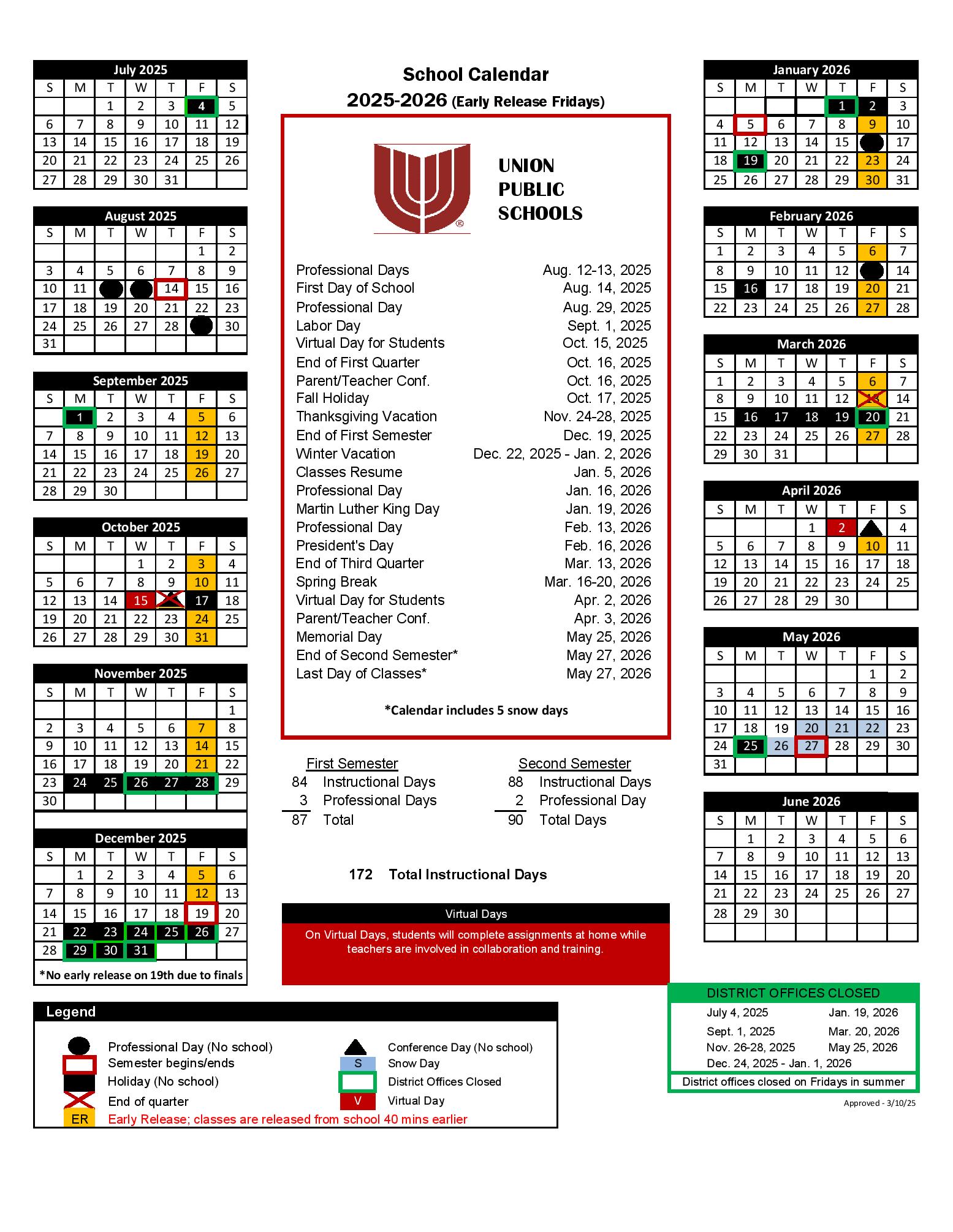 Union Public Schools Calendar 2025-2026 PDF | Holidays