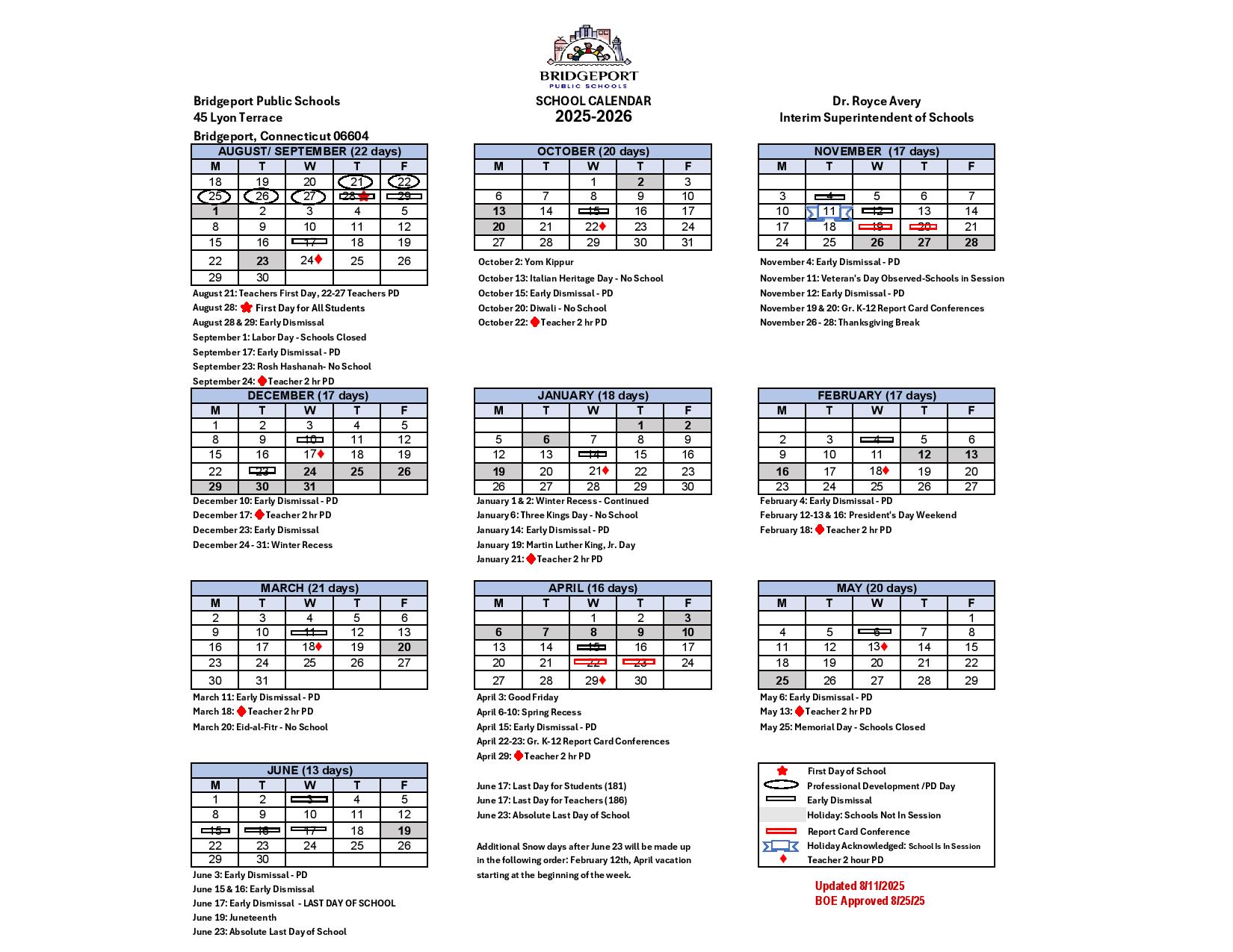 Bridgeport Public Schools Calendar 2025-2026 in PDF