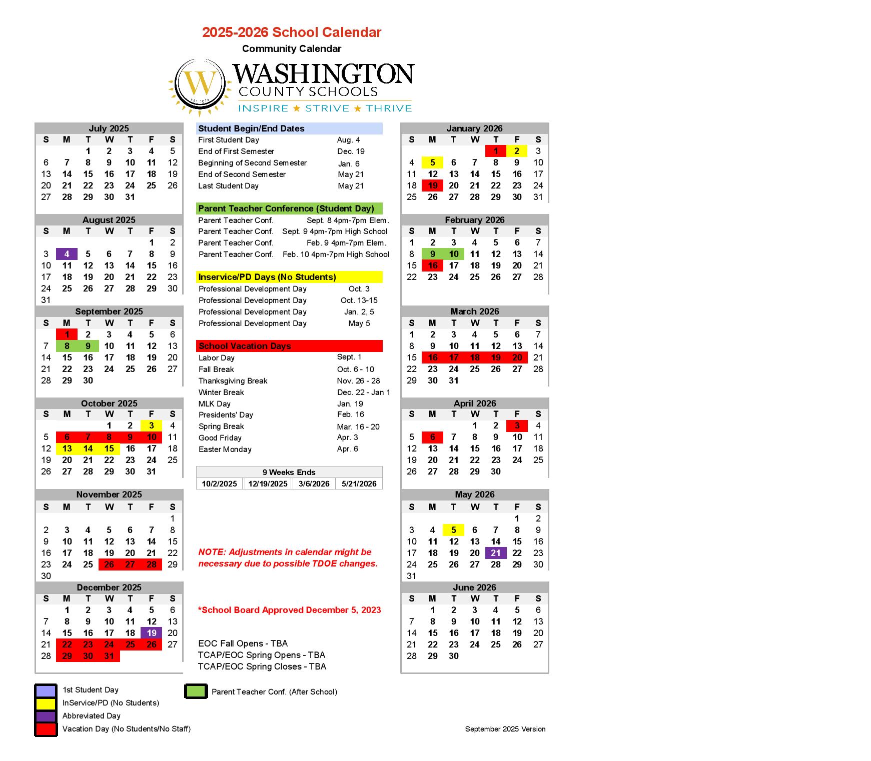 Washington County Schools Calendar 2025-2026 PDF | Tennessee