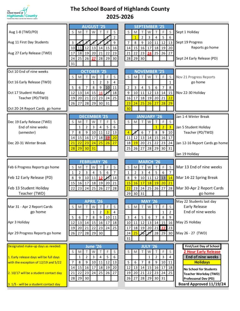 Highlands County Schools Calendar 2025-2026 in PDF - School Calendar Info