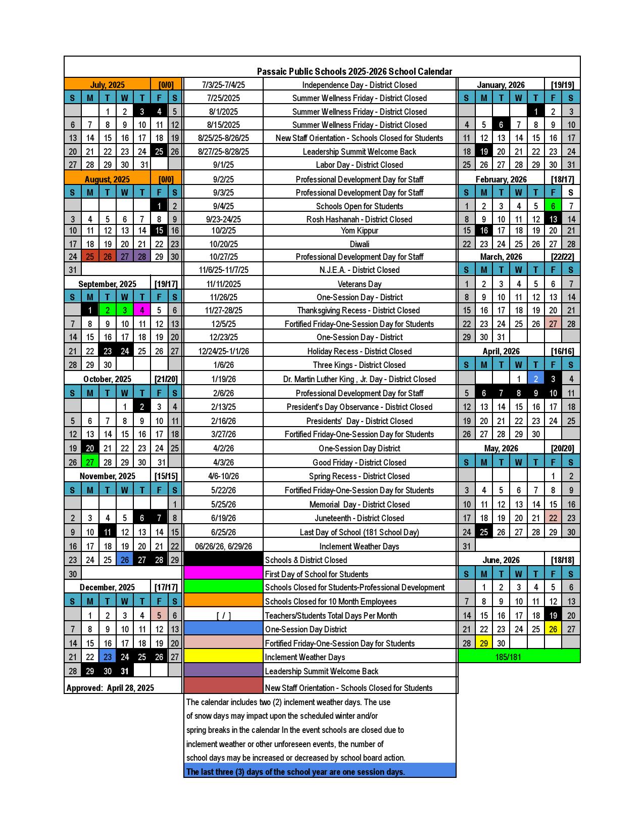 Passaic Public Schools Calendar 2025-2026 in PDF - School Calendar Info