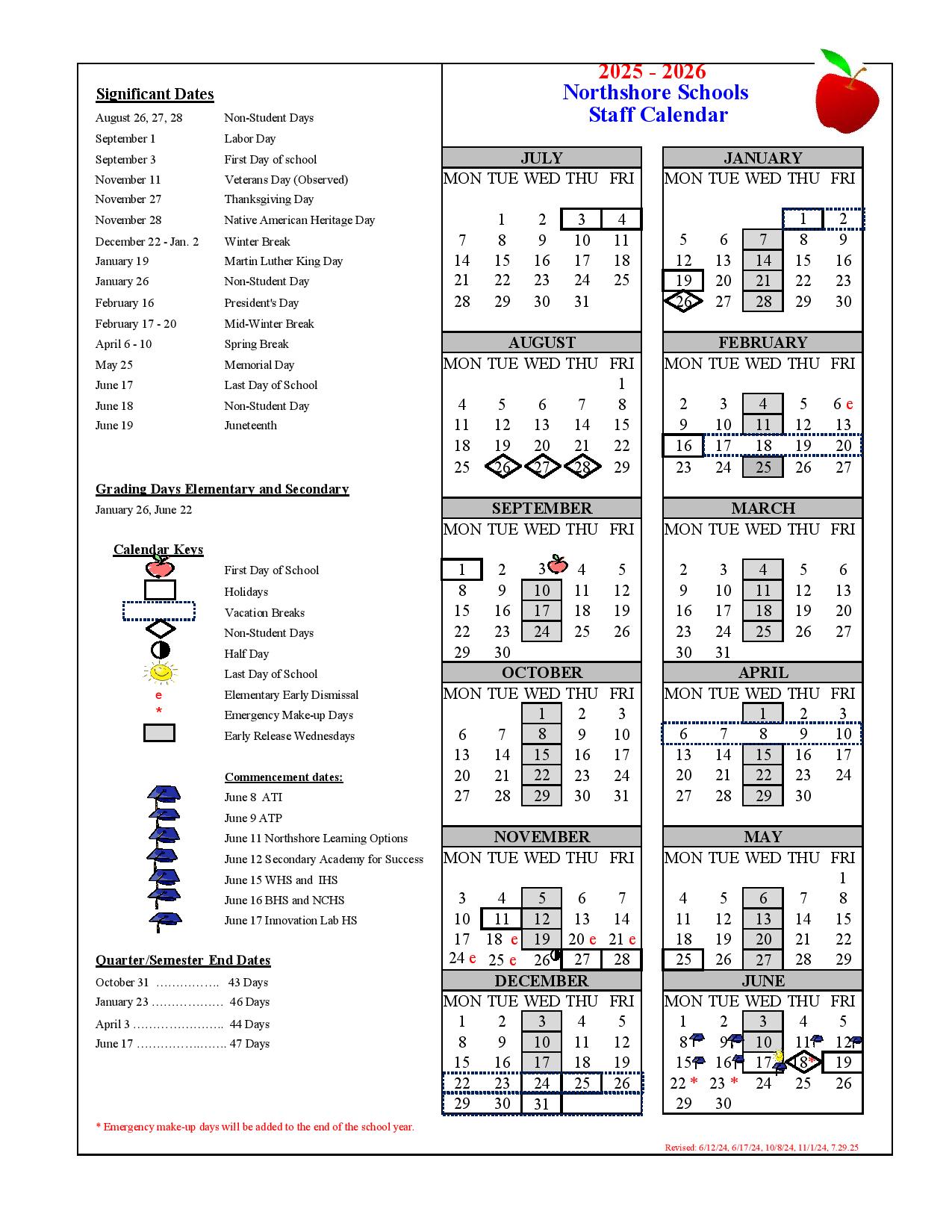Northshore School District Calendar 2025-2026 in PDF