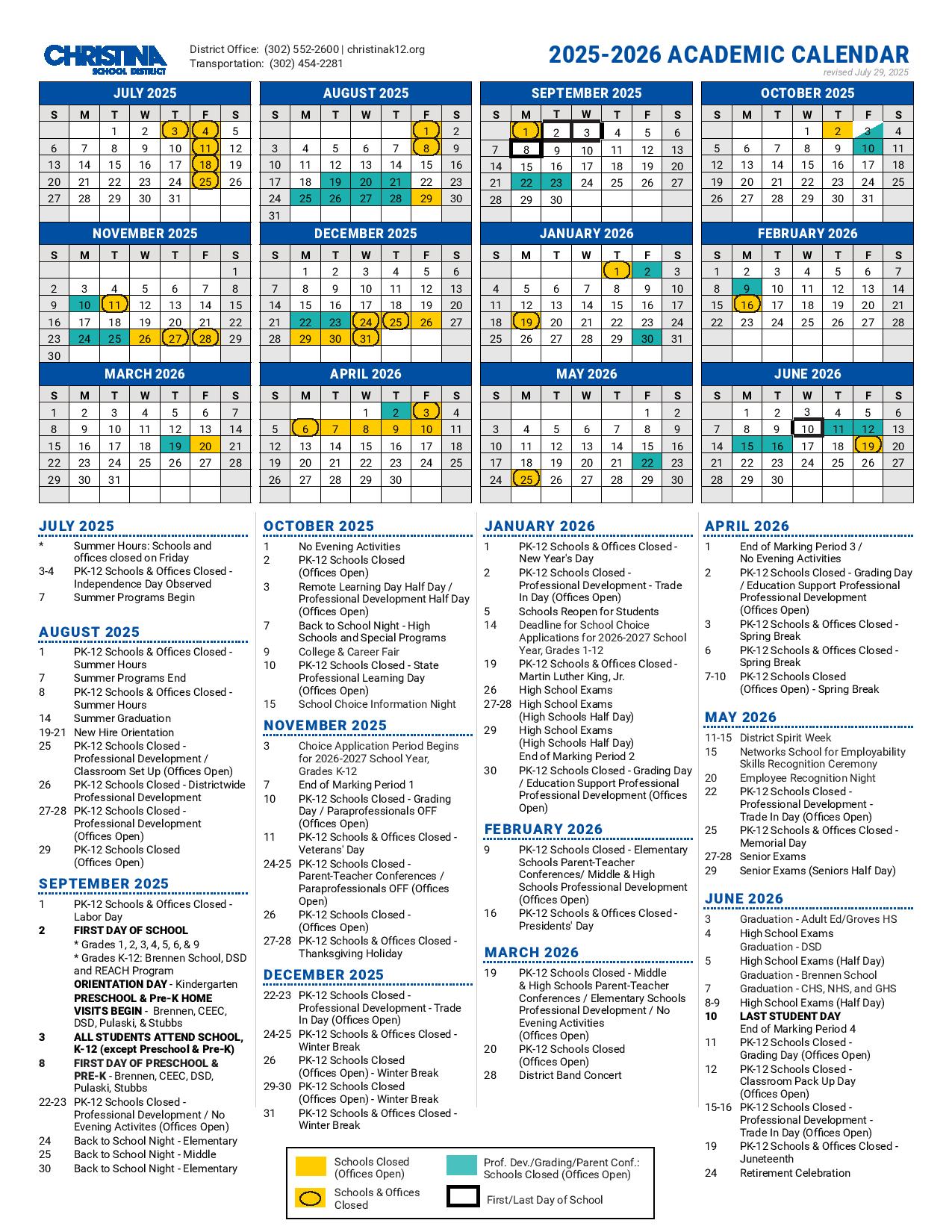 Christina School District Calendar 2025-2026 in PDF - School Calendar Info