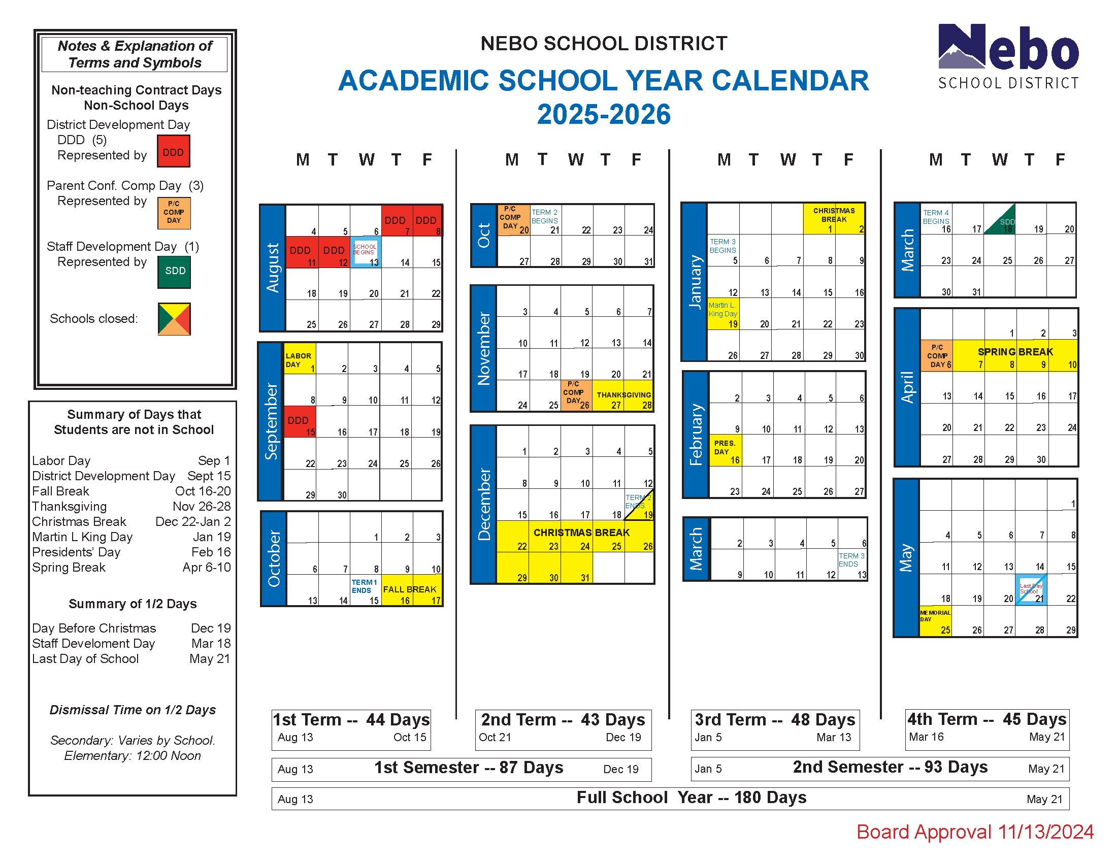 Nebo School District Calendar 2025-2026 in PDF