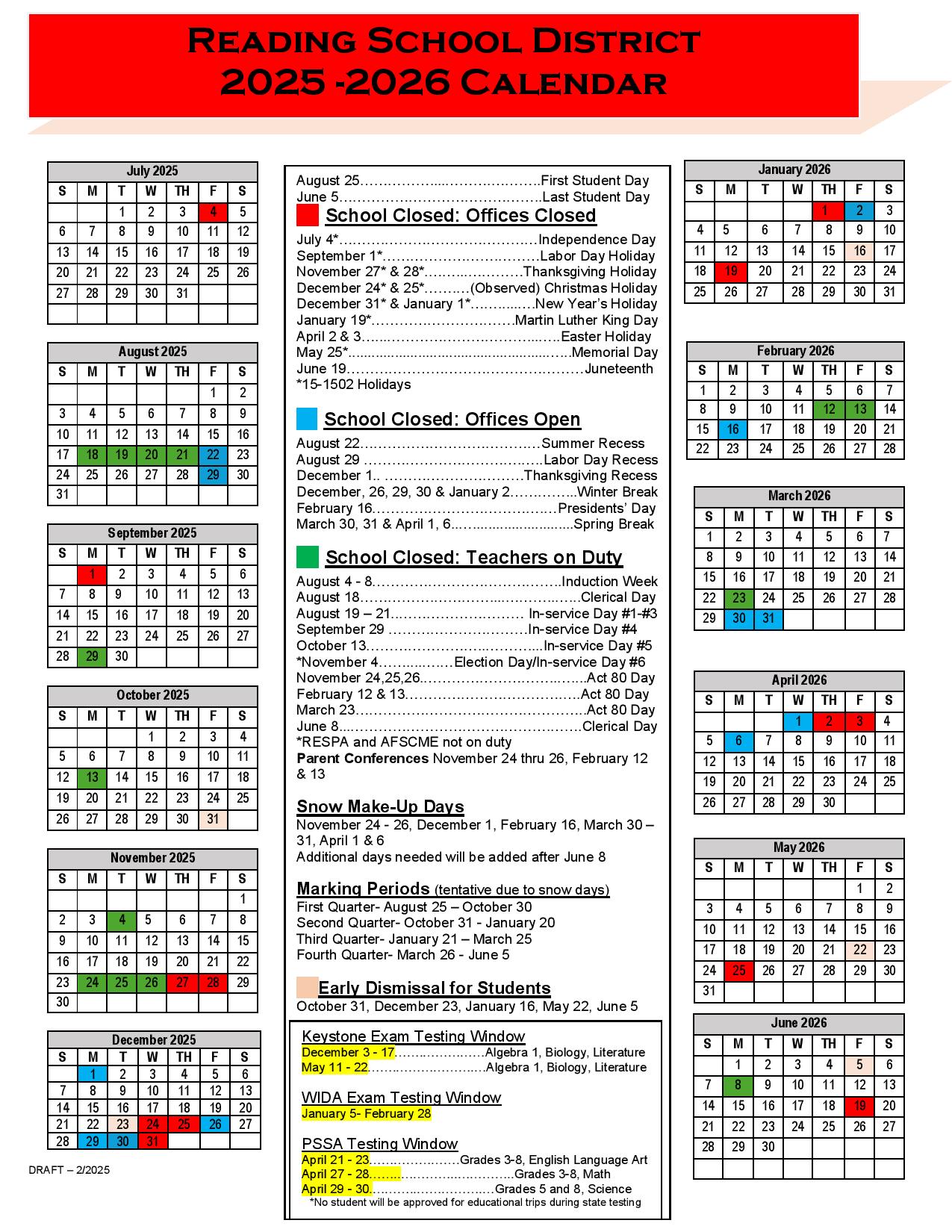 Reading School District Calendar 2025-2026 in PDF - School Calendar Info