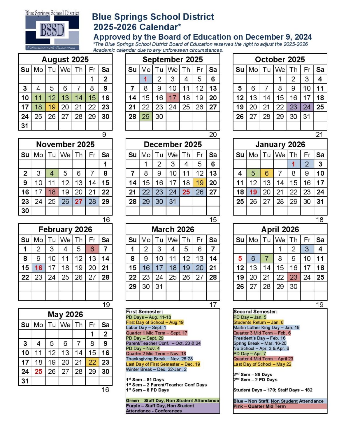 Blue Springs School District Calendar 2025-2026 in PDF