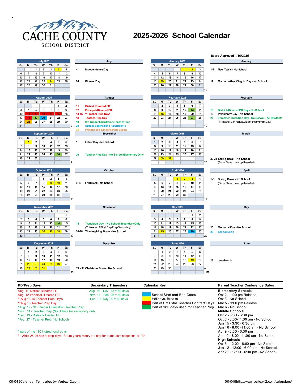 Cache County School District Calendar 2025-2026 in PDF