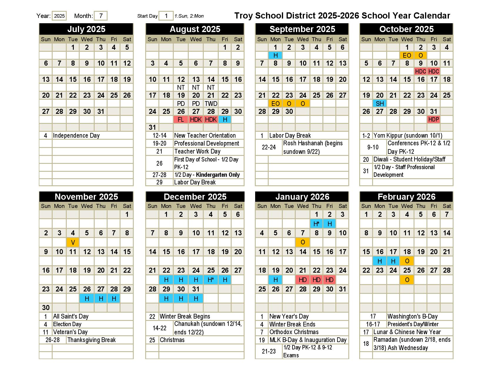 Troy School District Calendar 2025-2026 in PDF