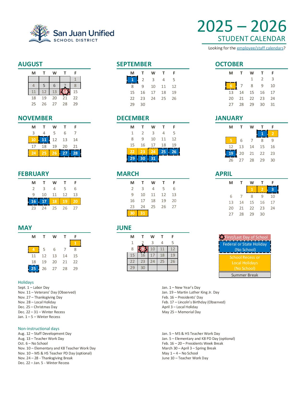 San Juan Unified School District Calendar 2025-2026 in PDF