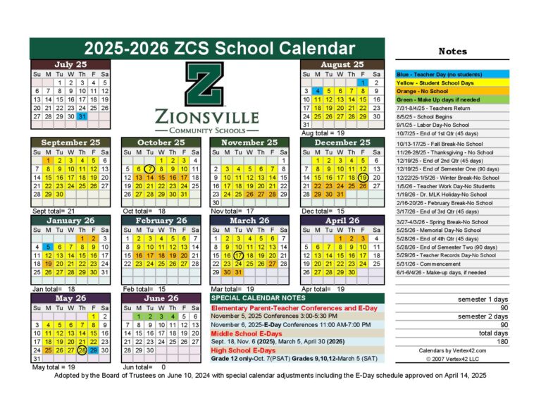 Zionsville Schools Calendar 2025-2026 in PDF