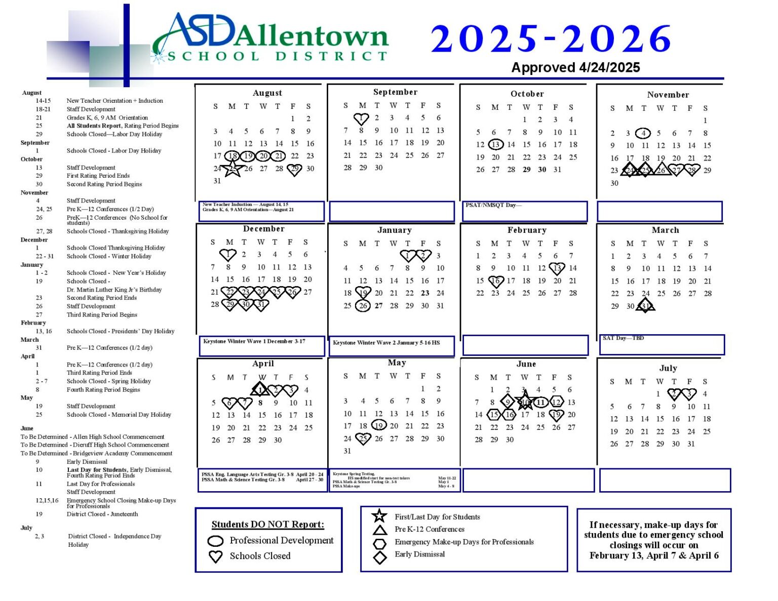 Allentown School District Calendar 2026-2027 in PDF