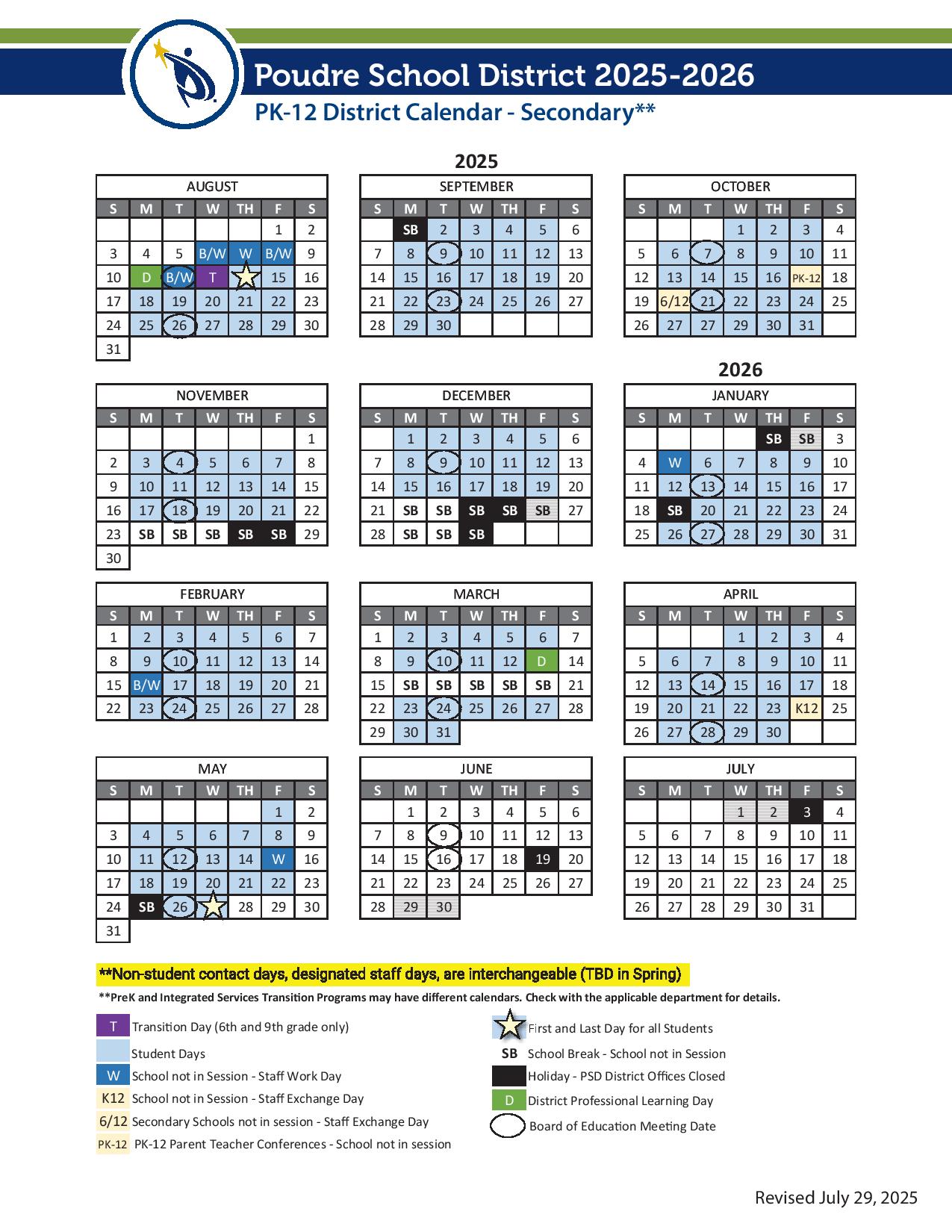 Poudre School District Calendar 2025-2026 in PDF