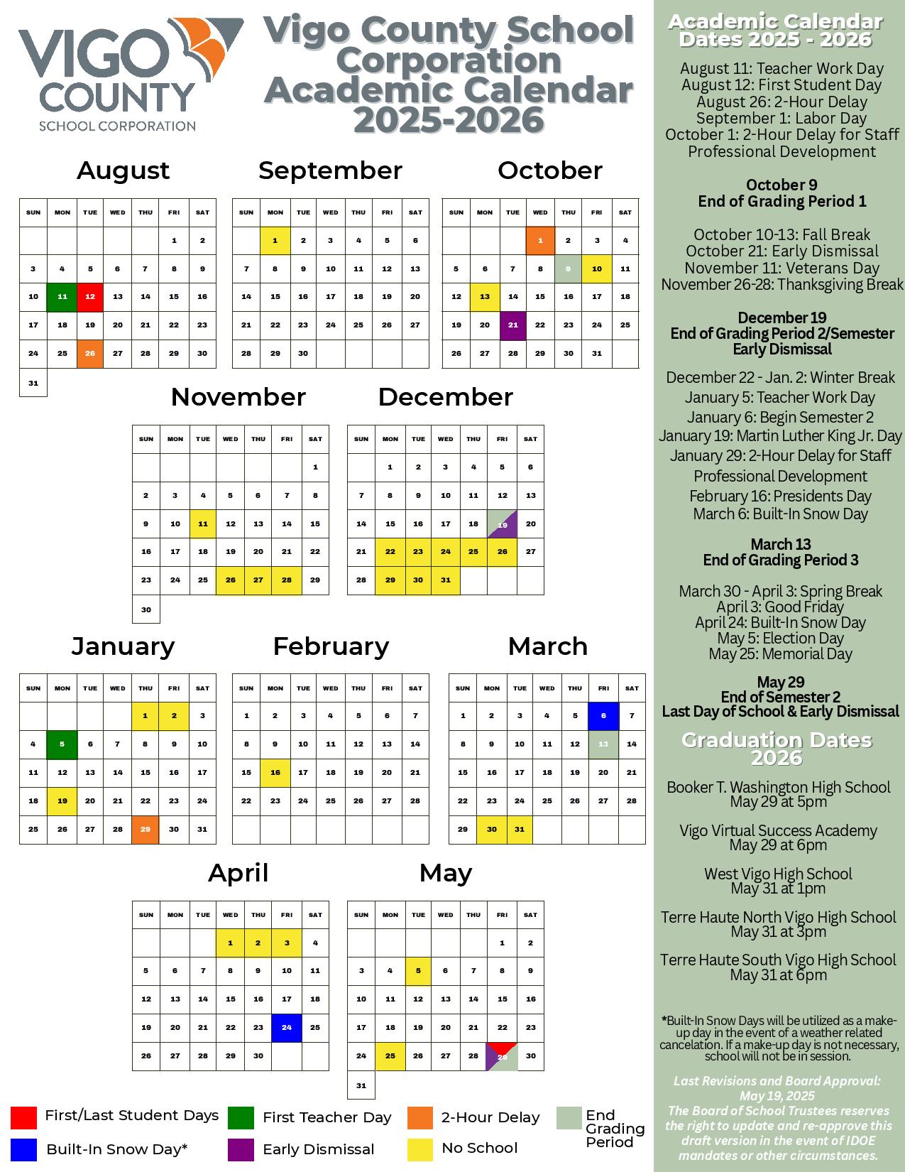 Vigo County School Calendar 2025-2026 in PDF