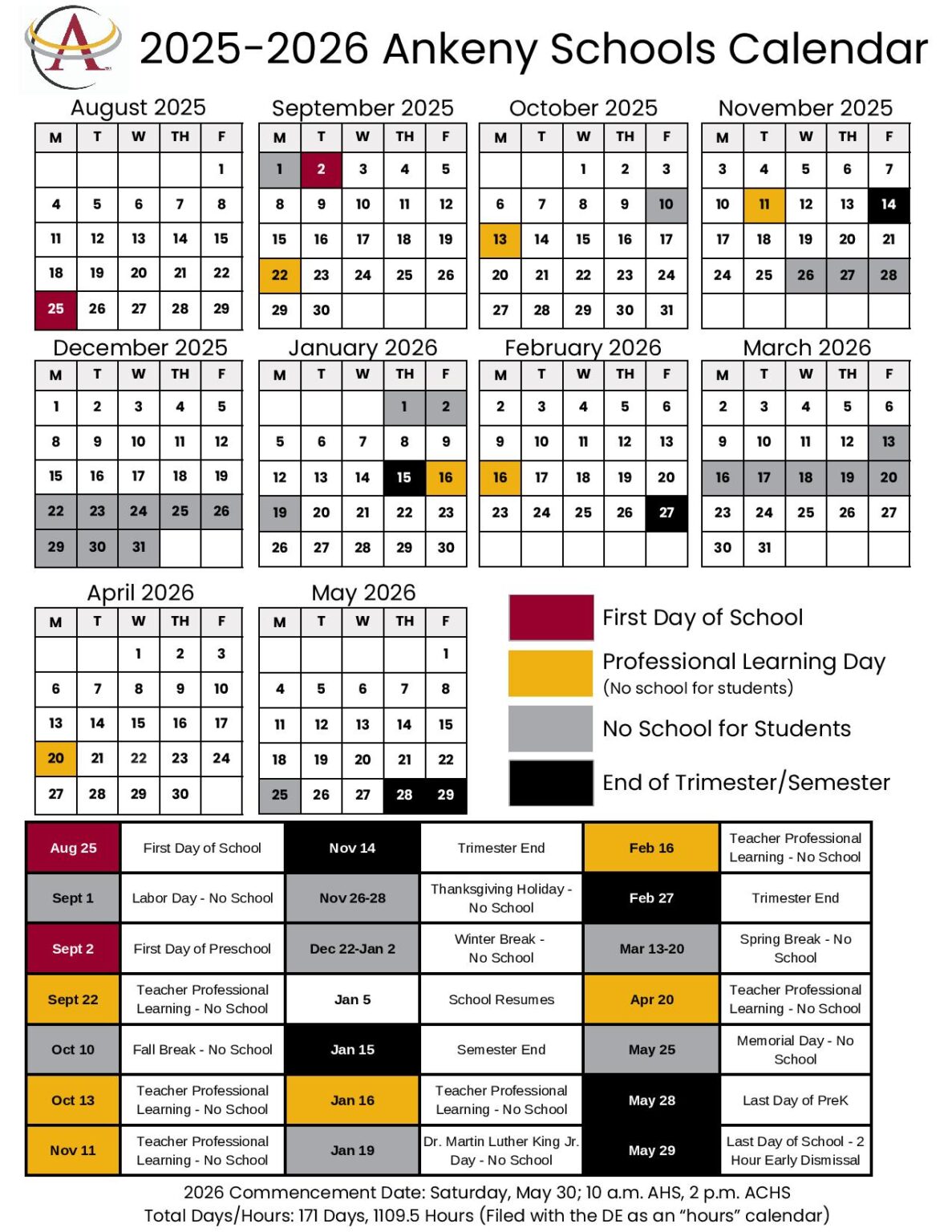 Ankeny School District Calendar 2025-2026 in PDF