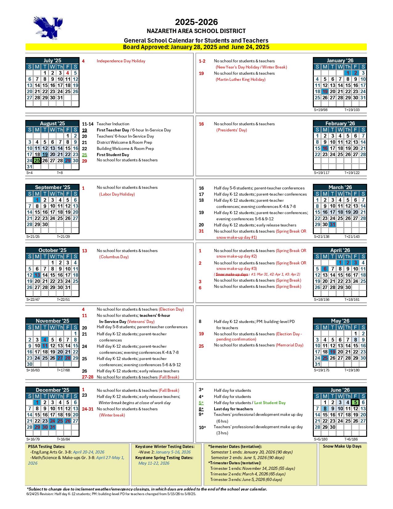 Nazareth Area School District Calendar 2025-2026 in PDF