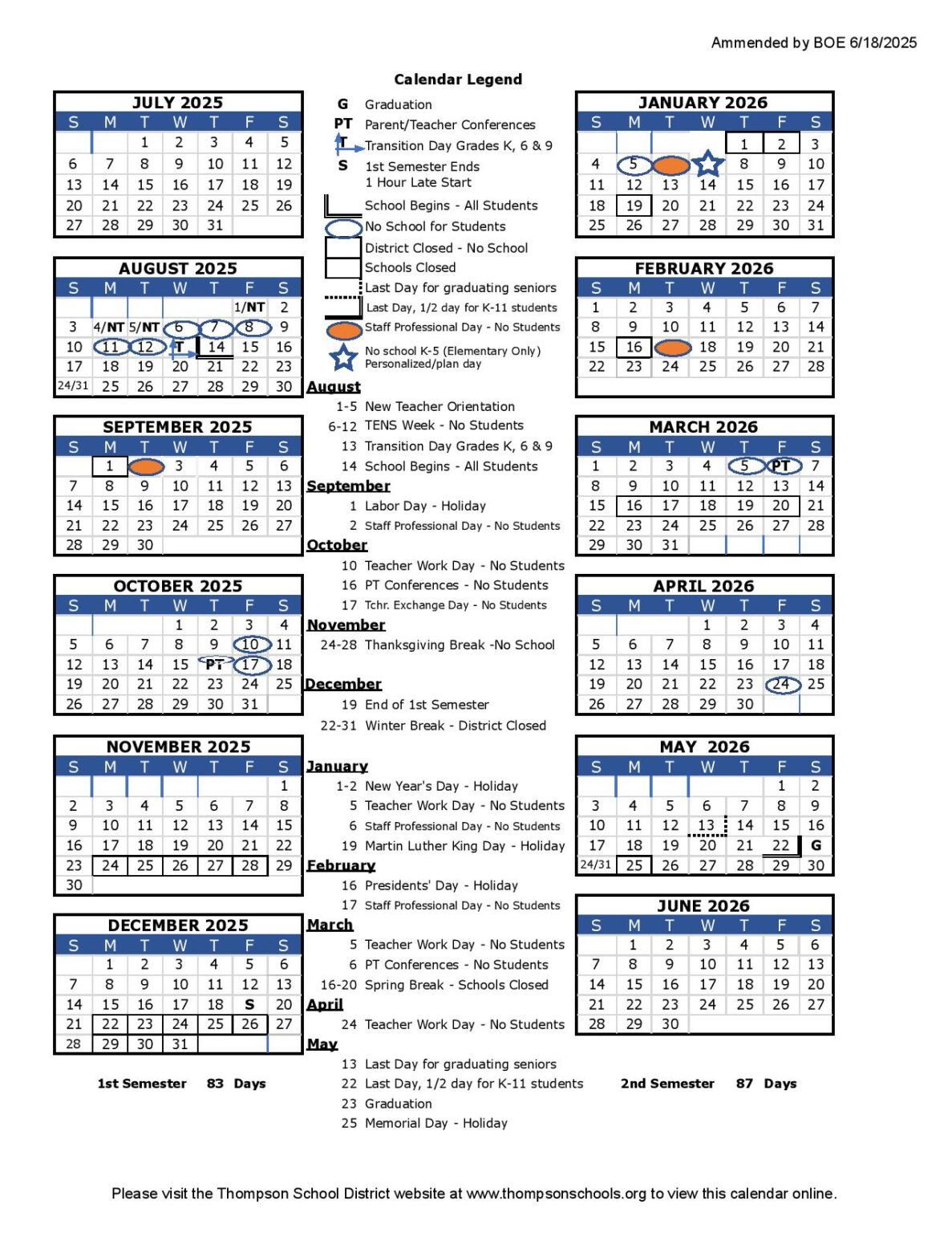 Thompson School District Calendar 2025-2026 in PDF