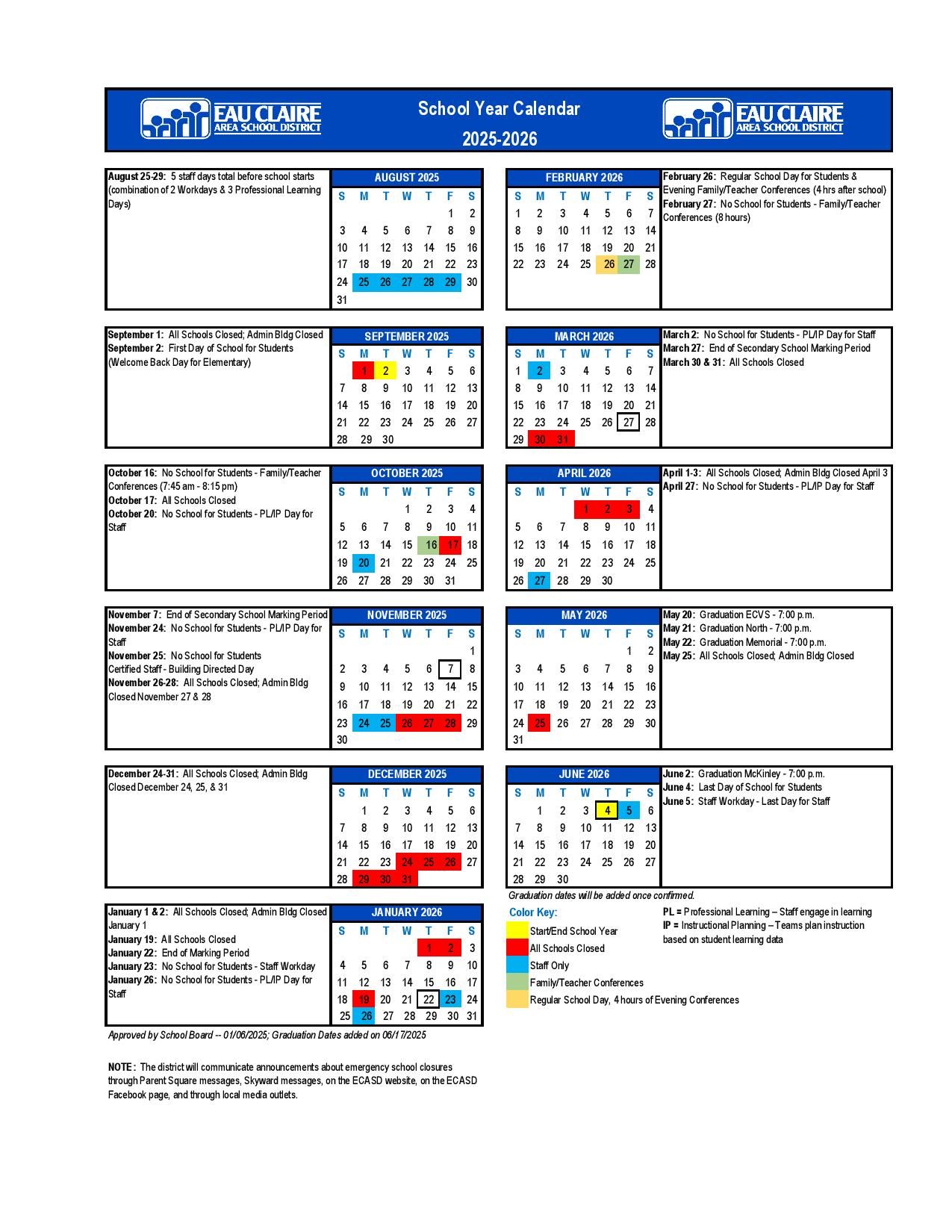 Eau Claire School District Calendar 2025-2026 in PDF - All For One