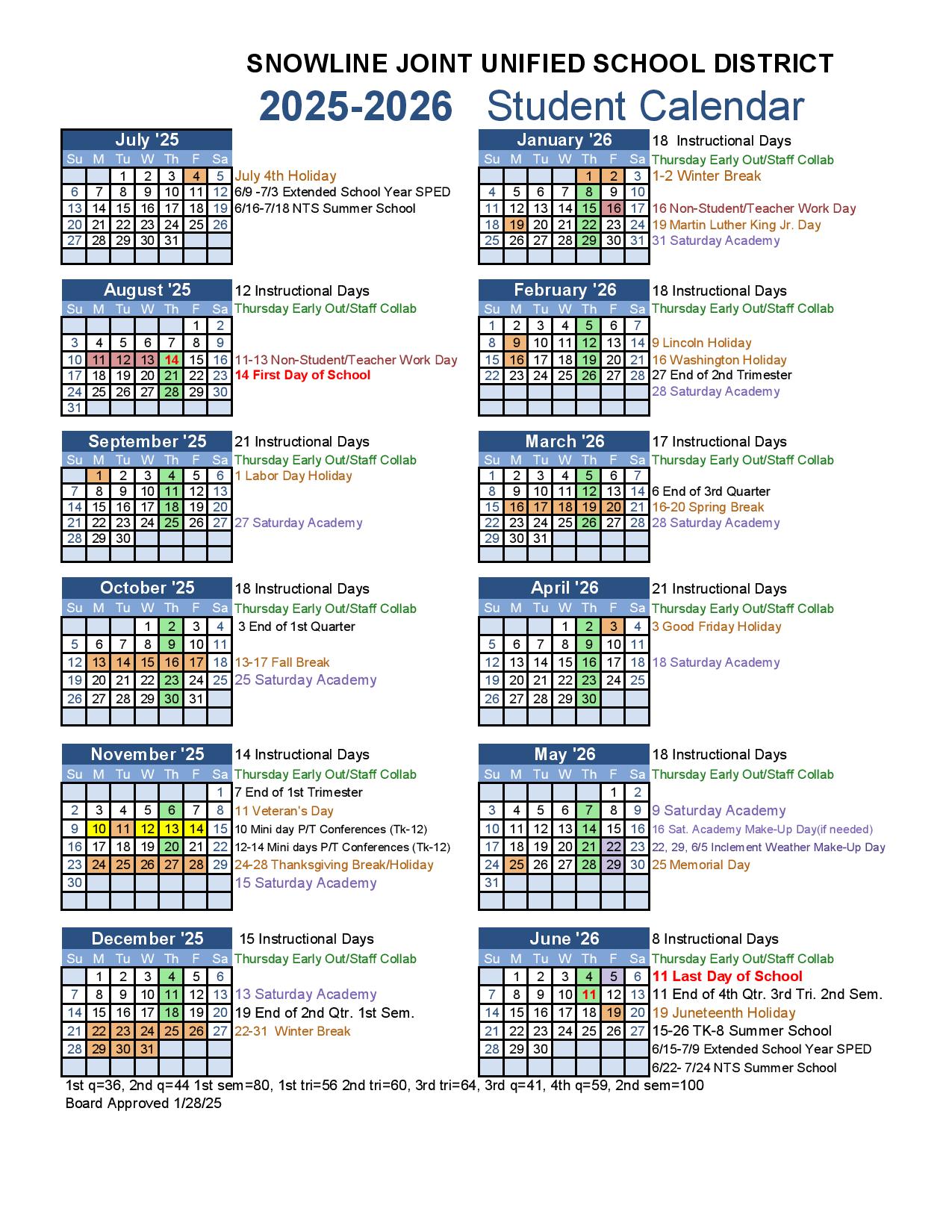 Snowline School District Calendar 2025-2026 in PDF