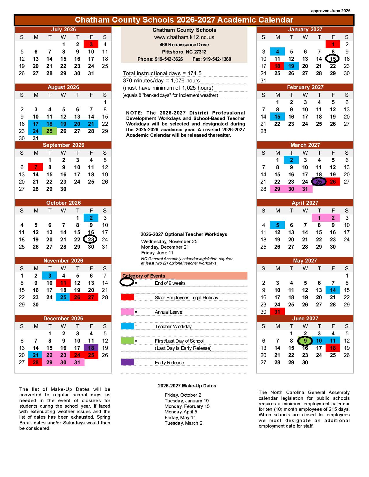 Chatham County School Calendar 2026-2027 in PDF