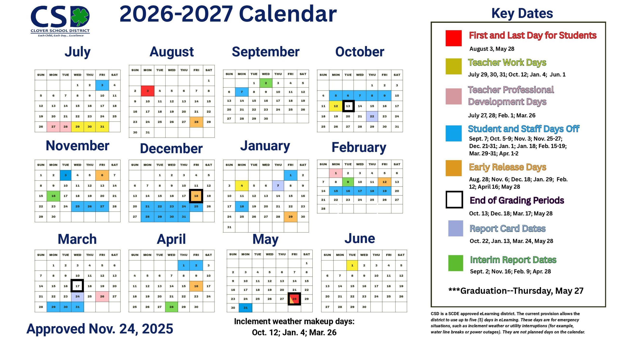 Clover School District Calendar 2026-2027 in PDF