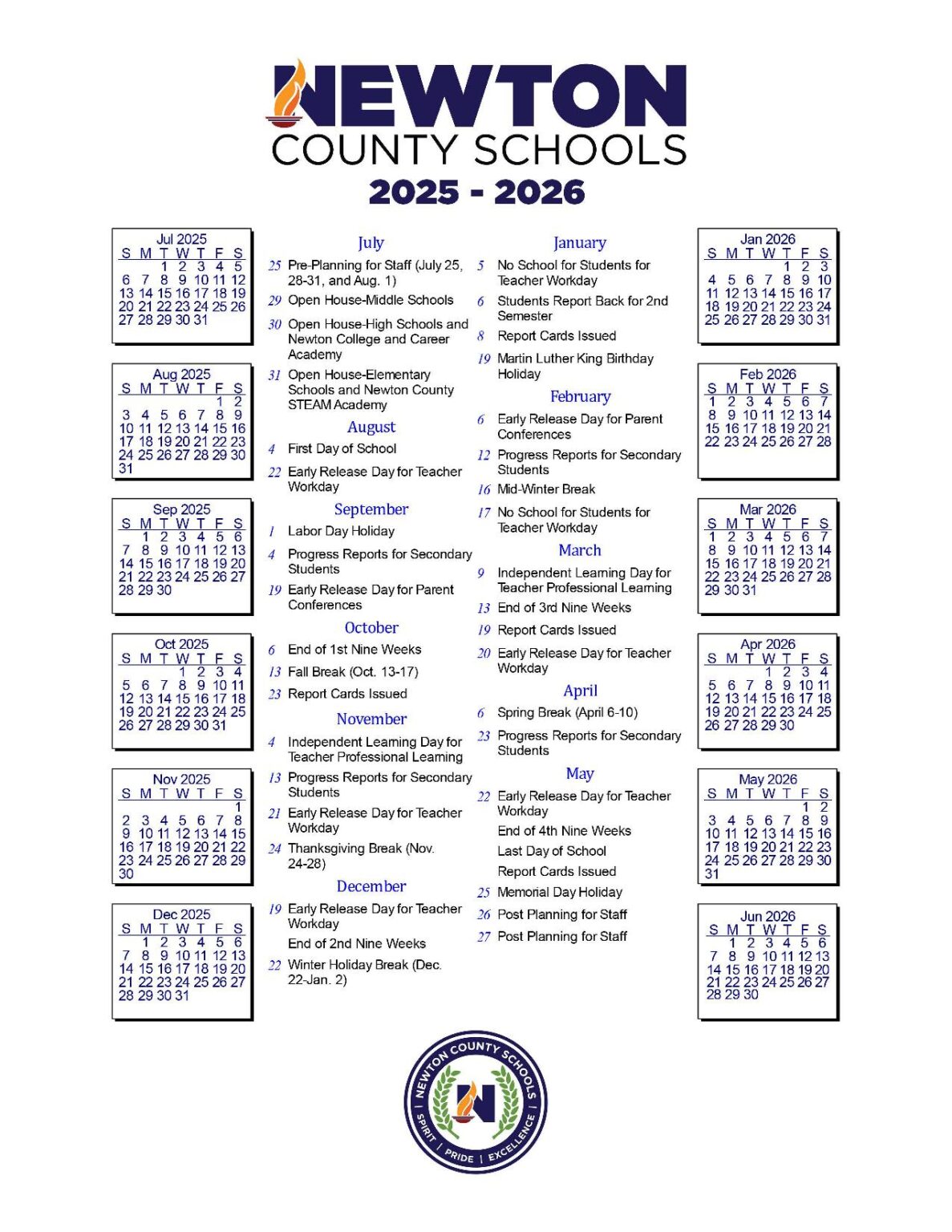 Newton County School Calendar 2025-2026 in PDF