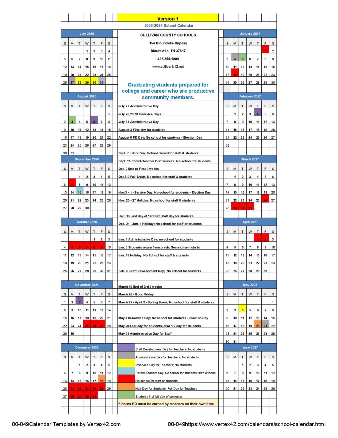 Sullivan County School Calendar 2026-2027 in PDF | TN