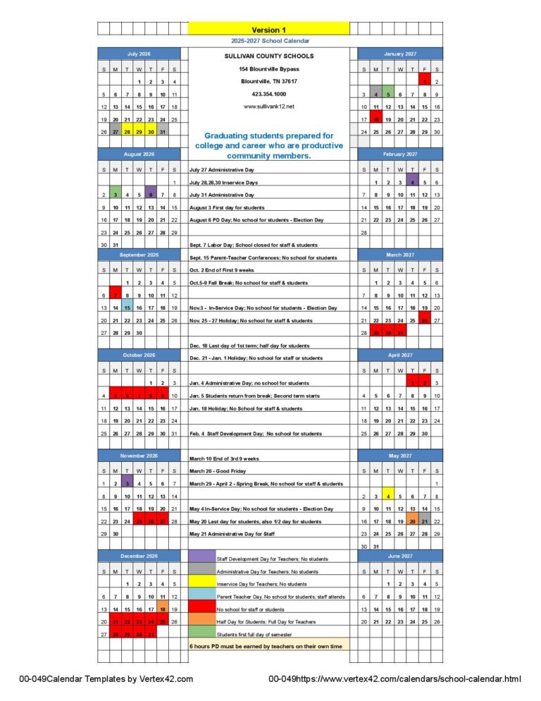 Sullivan County School Calendar 2026-2027 in PDF | TN